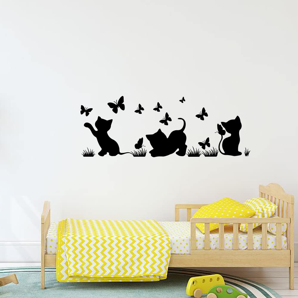 Fun Silhouette Cat Catches Butterfly Kids Baby Room Bedroom Living Room Vinyl Wall Sticker Home Decor