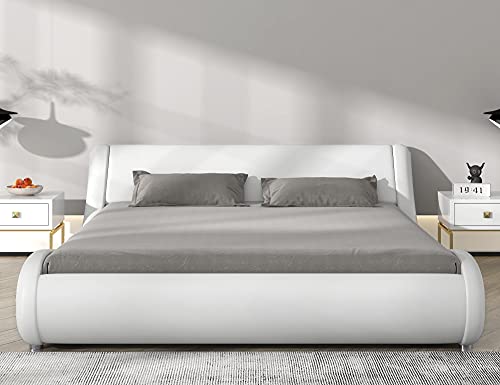 SHA CERLIN Full Size Bed Frame Luxury Wave-Like Modern Upholstered Low Profile Platform Bed, Faux Leather Sleigh Bed with Adjustable Headboard, No Box Spring Needed, White