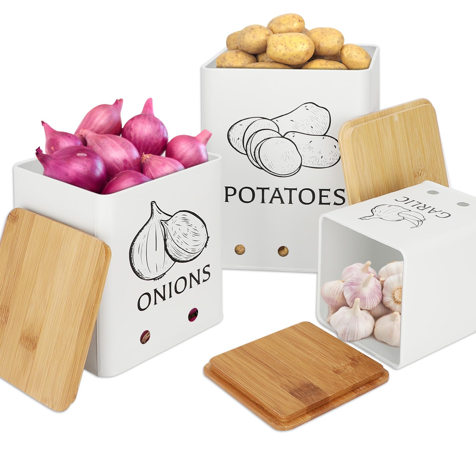 Moondust Wj 3 Pack Vegetable Storage Tins,Potatoes Storage,Metal Onion and Potato Storage Bins,Kitchen Potato and Onion Storage Bin,Onion Storage Containers with Aerating Holes and Wooden Lid.
