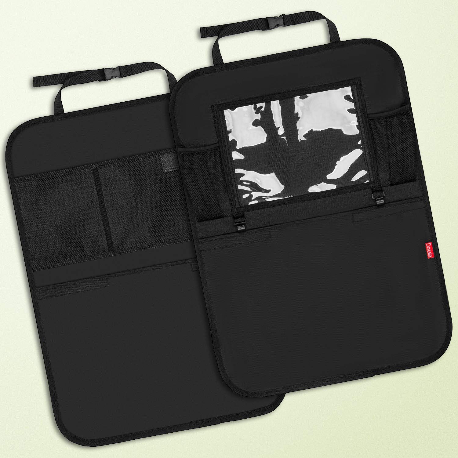 Dotala Kick Mats with Car Back seat Organizer,XL Storage Pocket - 2 Pack with Clear 11"Tablet Holder - Premium XL Protector for Kids Toy Bottle Drink Vehicles Travel (black)