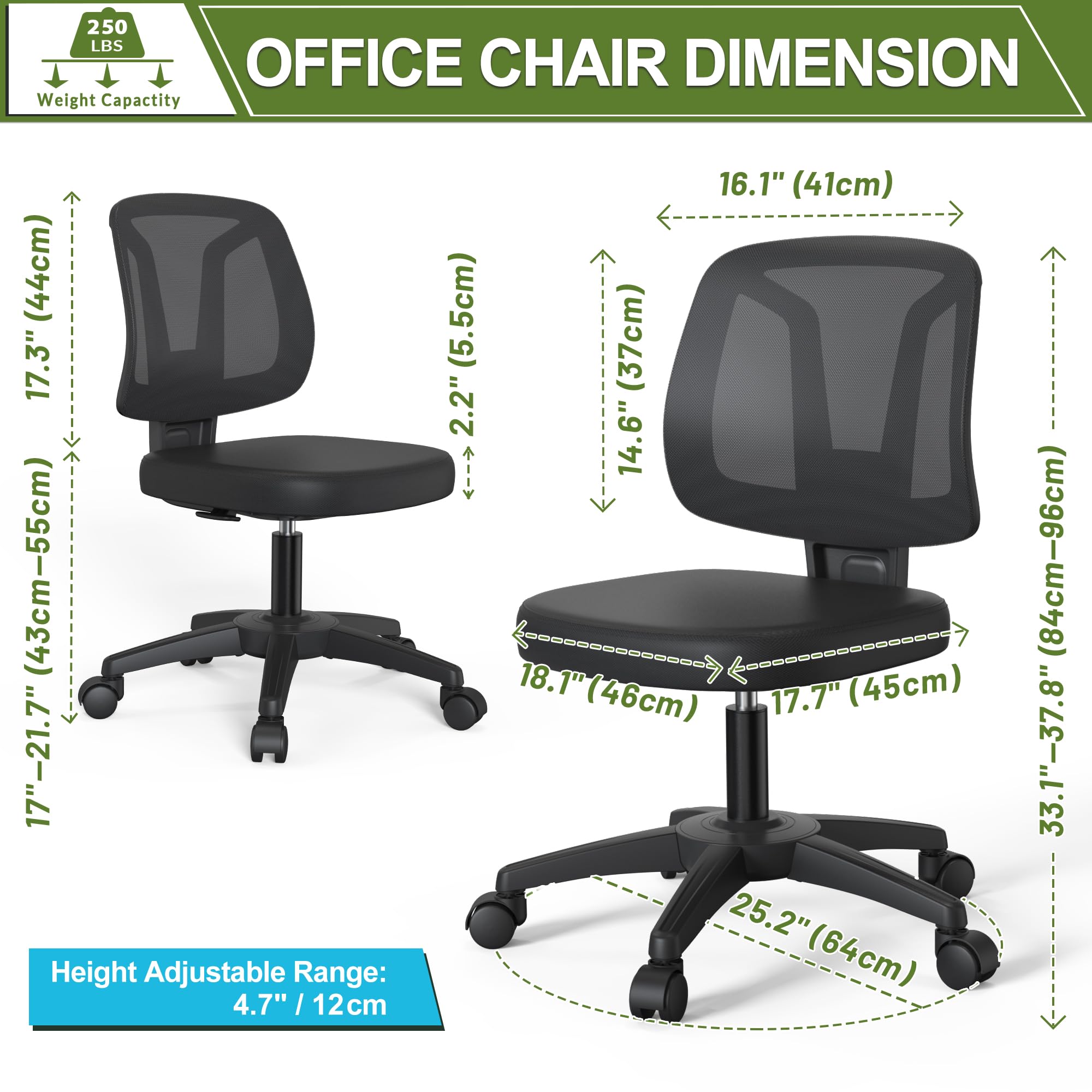 Modern Comfy Ergonomic No Arms Cute Office Swivel Computer Desk Task Chair with Adjustable Height Seat and Lumbar Support for Office Home Work Study