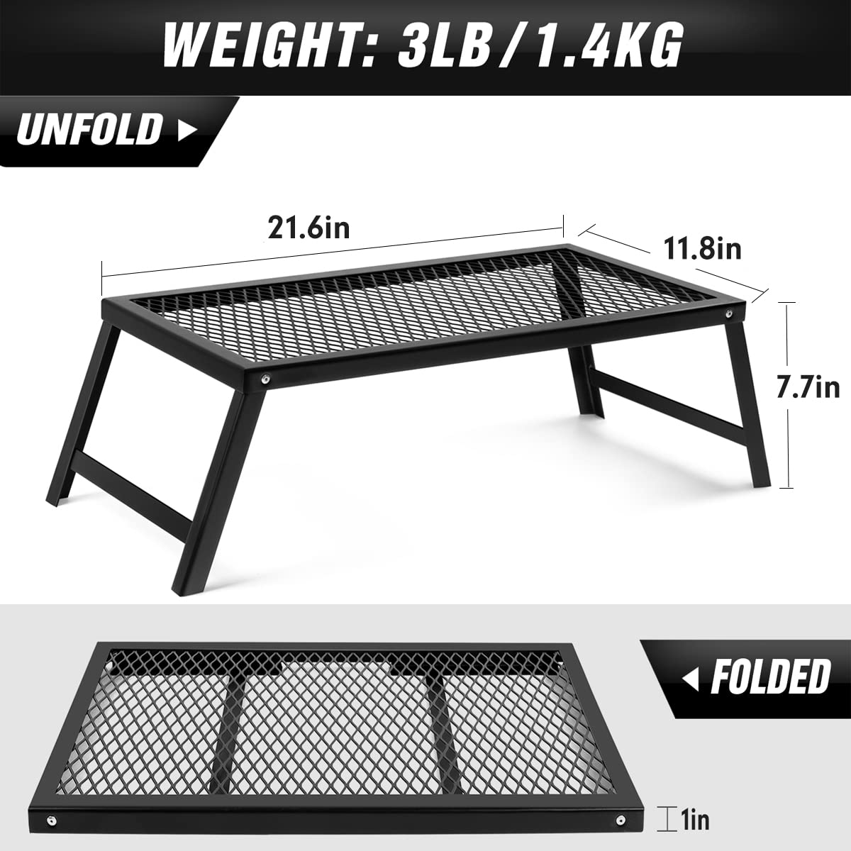 Folding Campfire Grill Heavy Duty Steel Grate with Legs Portable Over Fire Camp Grill for Outdoor Cooking Grill Traveling Picnic, Black (21.6" x 11.8")
