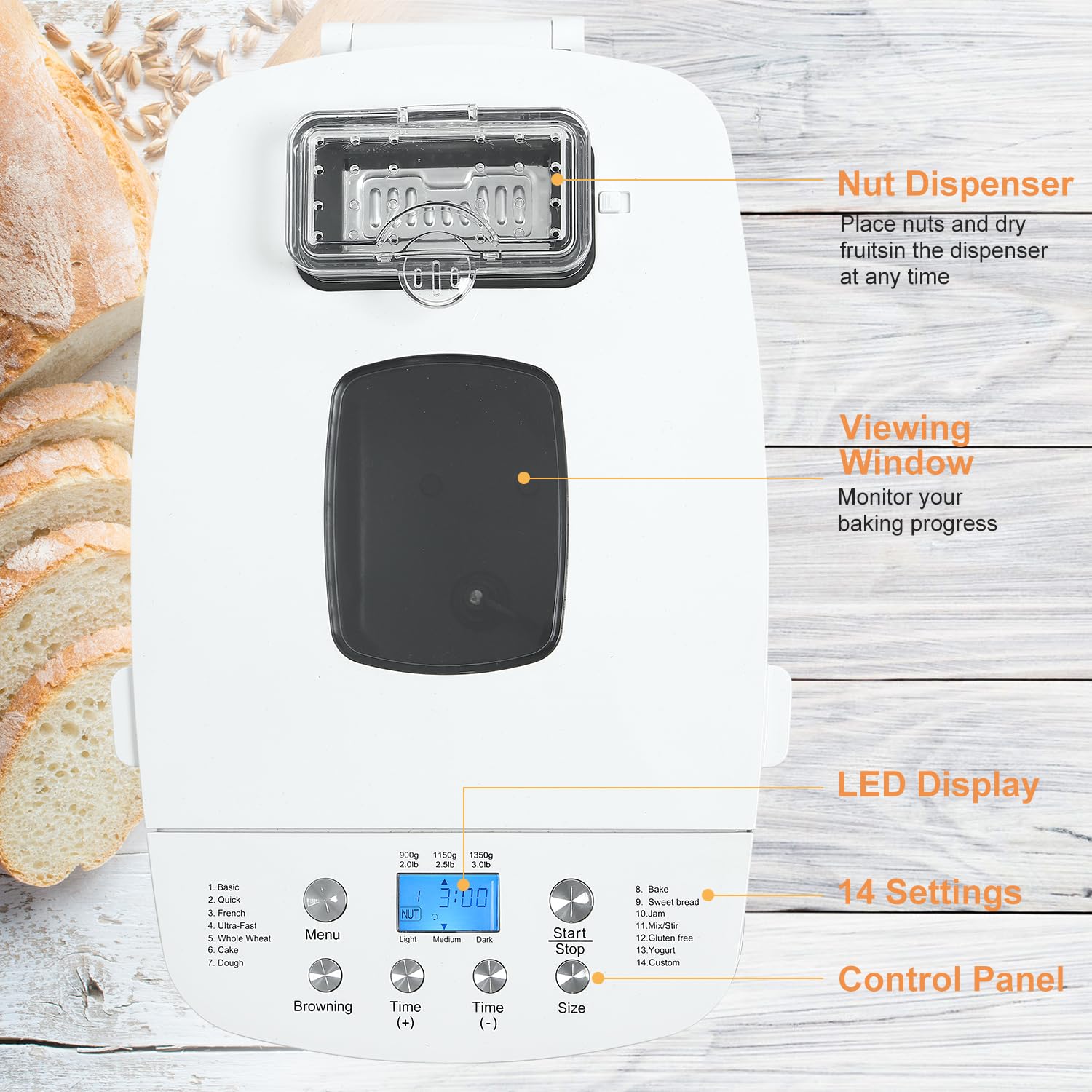 Patioer Bread Maker Machine with Gluten Free Setting 3LB 2.5LB 2LB Automatic Loaf Bread Machine with Fruit & Nut Dispenser 14-in-1 Breadmaker Dual Paddle Programmable 3 Crust Colors, White