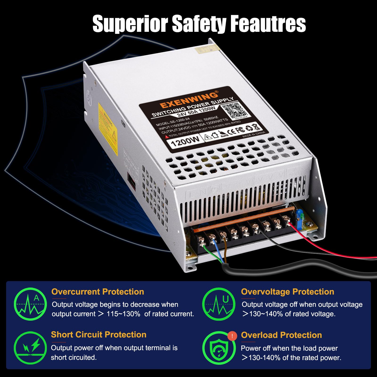 EXENWING 24V 50A 1200W Switching Power Supply Adapter SMPS AC 110/220V to DC 24Volt Universal Regulated Transformer Converter PSU for LED Strip 3D Printer CCTV Camera Speaker Motor Pump,and More
