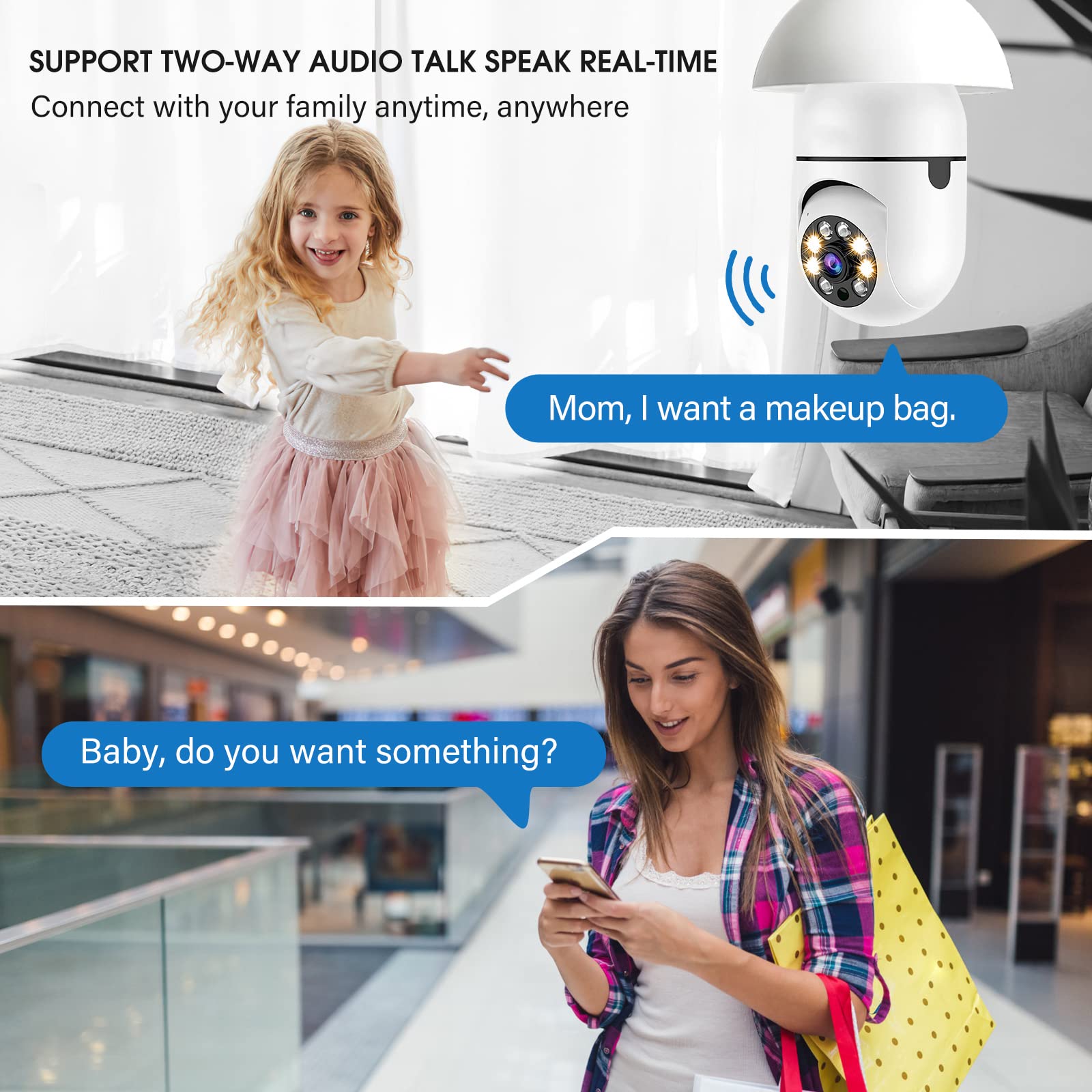 Light Bulb Security Cameras Wireless Indoor 355 Degree Pan/Tilt 3MP 1080P Camera Surveillance with Motion Detection Alarm Night Vision Two-Way-Talk Supported 2.4GHz WiFi (Not Compatible 5GHz Wi-Fi)