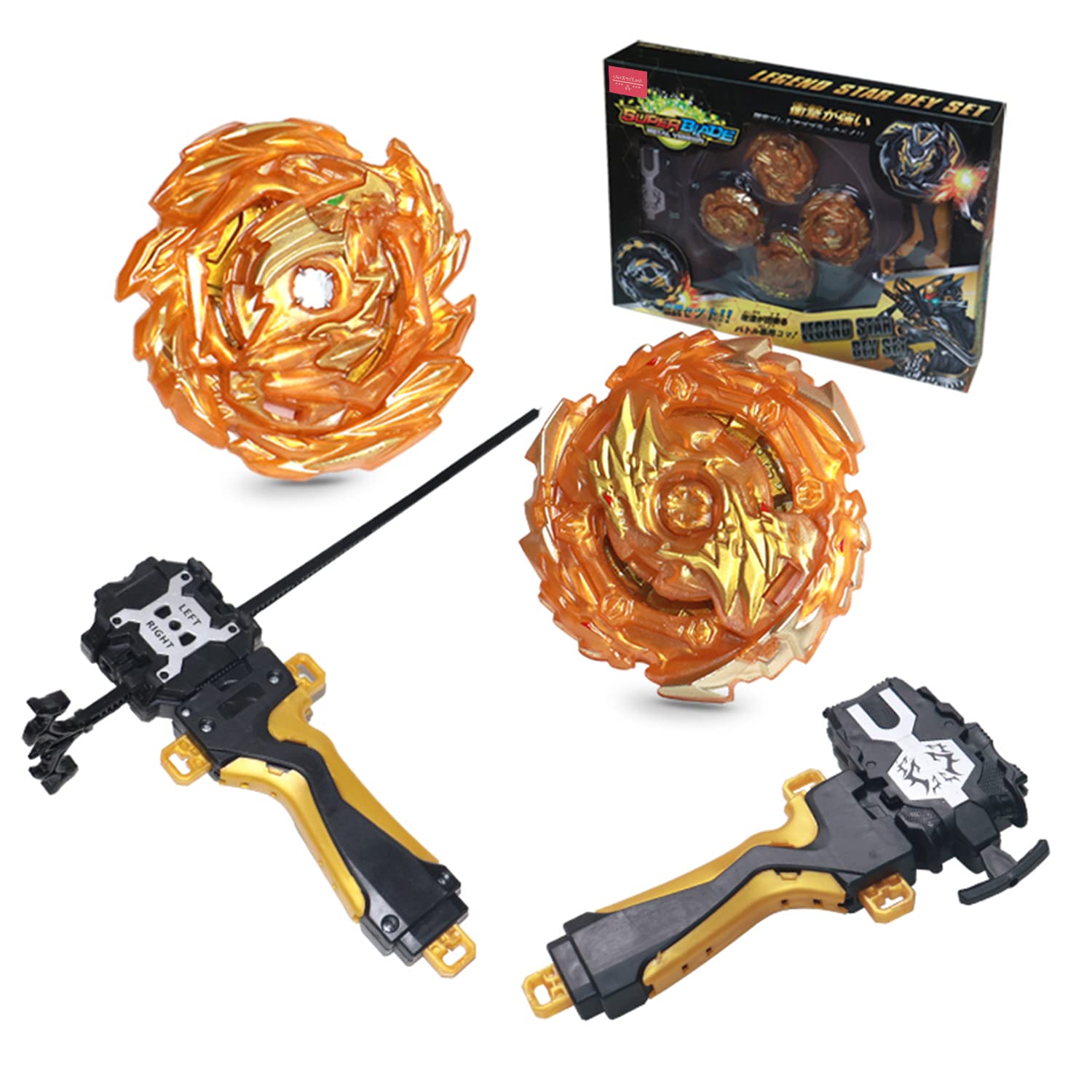 FANSETOYUMA Bey Battle Tops Metal Fusion Burst Turbo Gyro Evolution Set with 4D Launcher Grip and Stadium-Golden