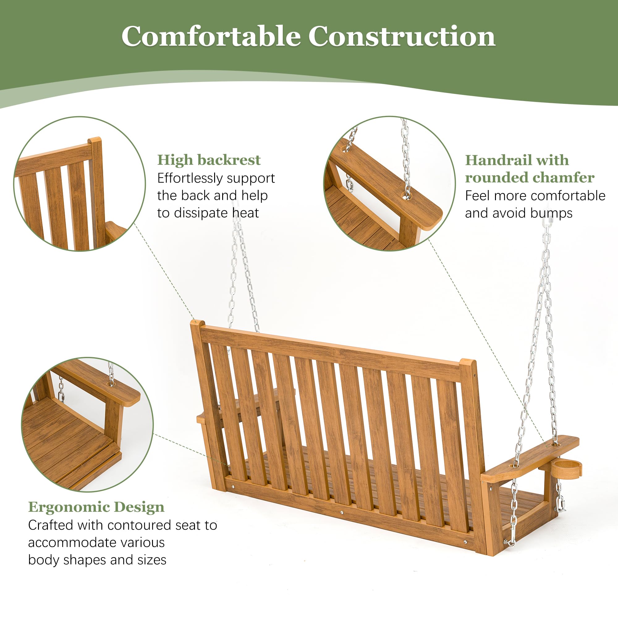 Poly Lumber Porch Swing with Cup Holders, 18/8 Stainless Steel Hanging Chains and Hardware, High Backrest and Deep Contoured Seat, Heavy Duty 900 LBS, All-Weather Resistant Bench Swing (Brown)