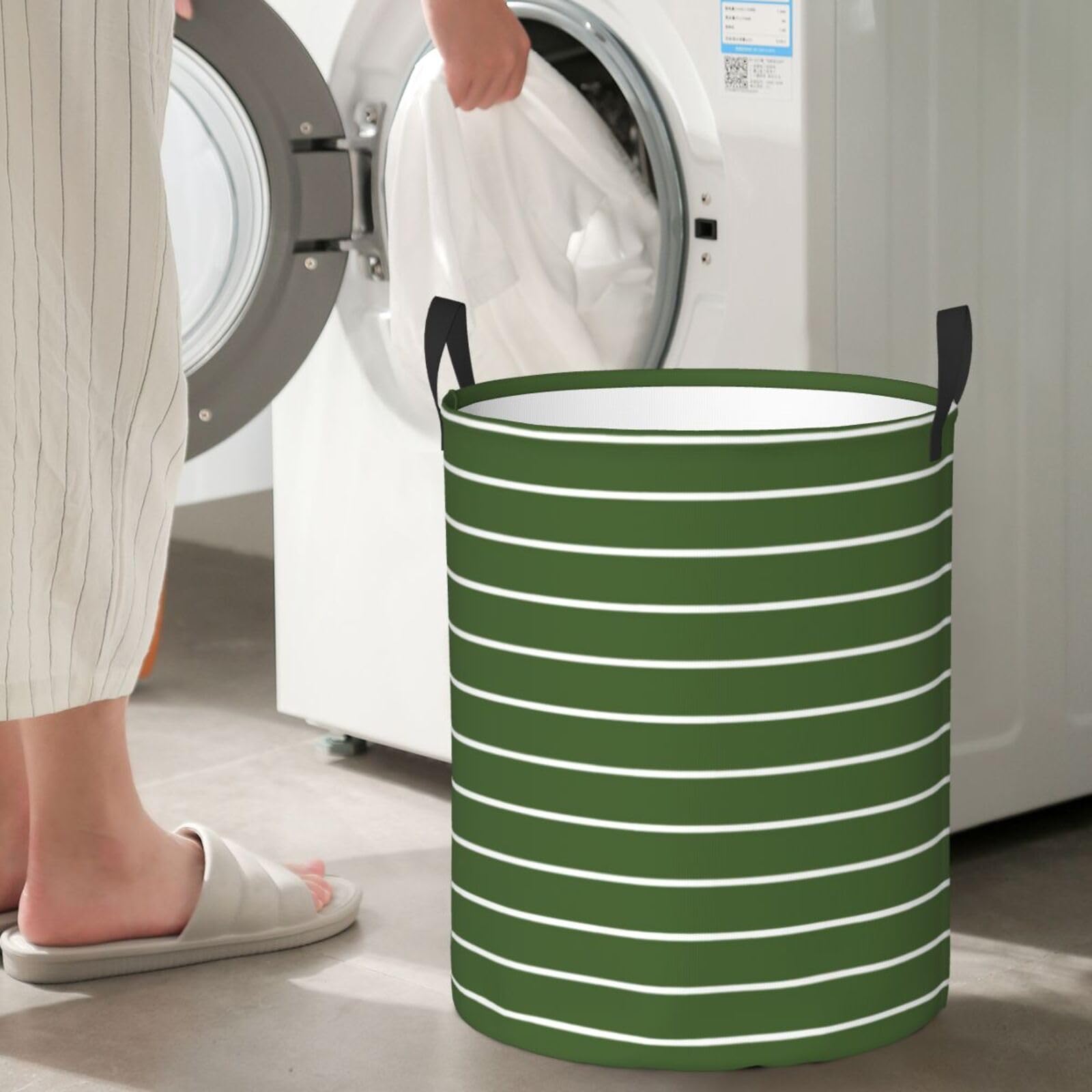 Large Laundry Basket, Olive Green and White Stripes Geometric Pattern Laundry Hamper Bag 19.6" Collapsible Washing Bin With Handles for College Dorm, Family Essentials Storage