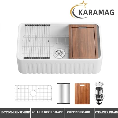 KARAMAG 33 Inch Workstation Farmhouse Kitchen Sink with Accessories, Reversible Apron-Front Single Bowl Kitchen Sink Ceramic White Farm Sinks Undermount For Kitchens