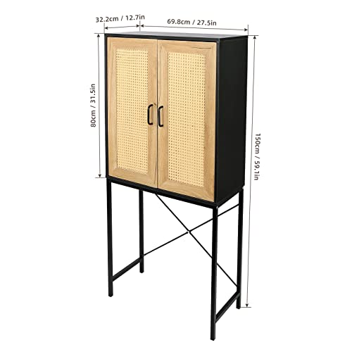 Origeture Storage Cabinet with Doors and Shelves, 3-Tier Buffet Cabinet Sideboard Wood Cabinet, Rattan Console Table Cupboard with X-Shaped Steel Bracket for Dining Room, Kitchen, Living Room, Bedroom
