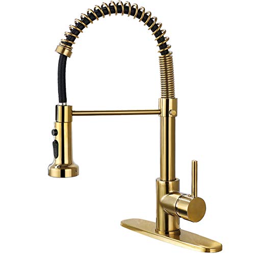 Ntipox Brushed Gold Kitchen Faucet with Pull Down Sprayer,Brushed Brass Kitchen Sink Faucet Single Handle Single Lever ,Spring Rv Kitchen Faucet, 3 Function Laundry Faucet