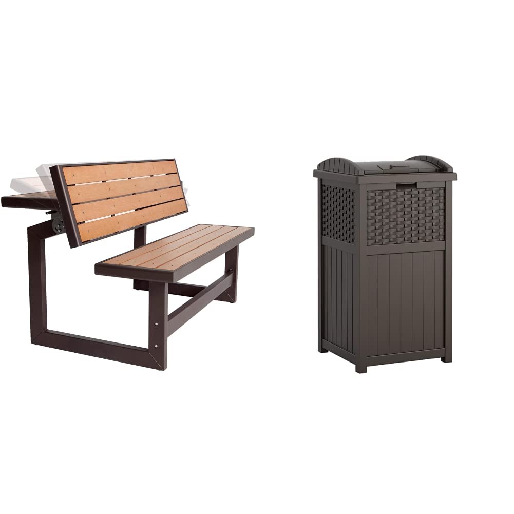Lifetime 60054 Convertible Bench/Table, Faux Wood Construction and Suncast 33 Gallon Hideaway Can Resin Outdoor Trash with Lid