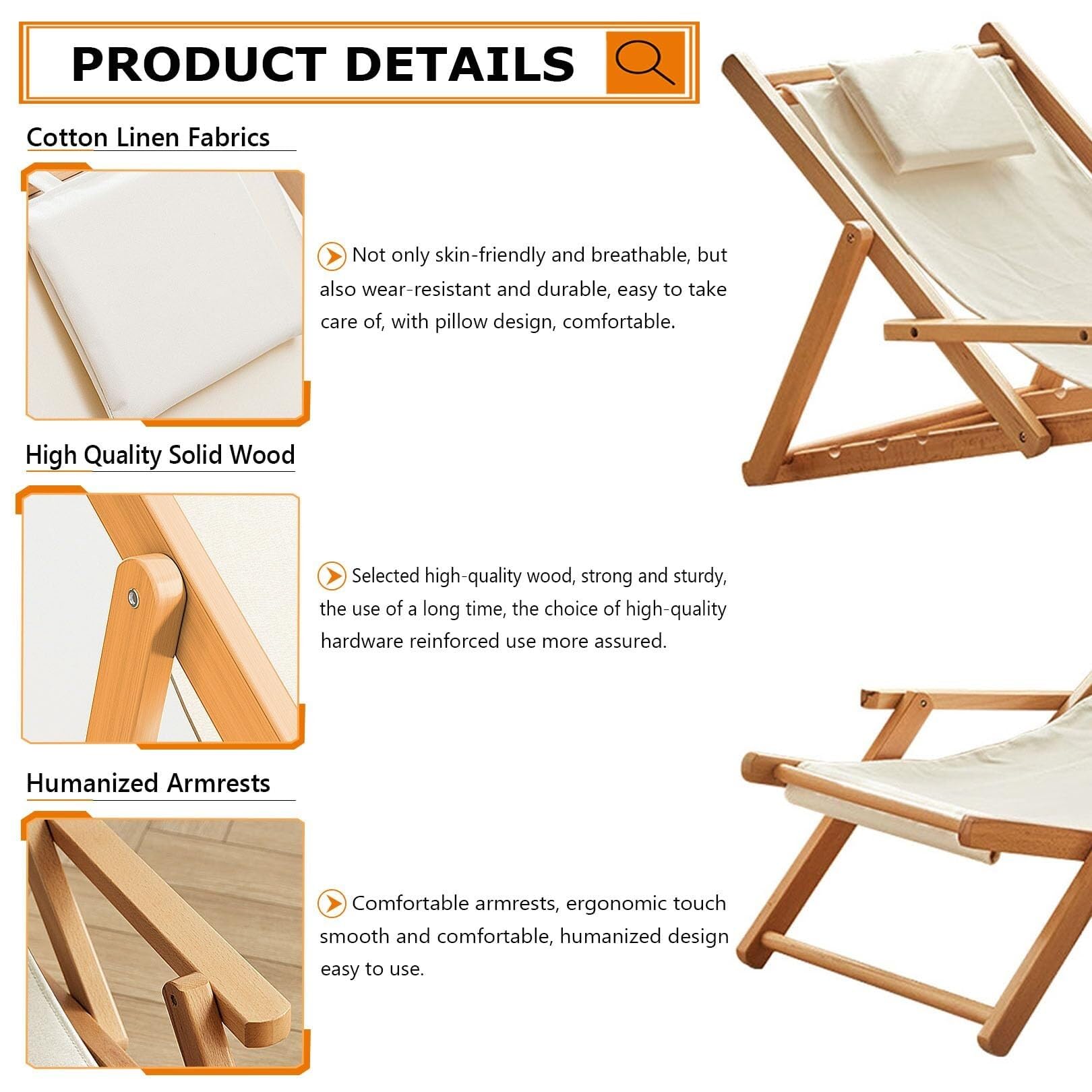 Outdoors Pool Chaise Lounger, Folding Lounge Recliner Chairs, Wooden Sunbathing Chair with 4-Position Adjustable Backrest and Arm, Assemble-Free(Beige)