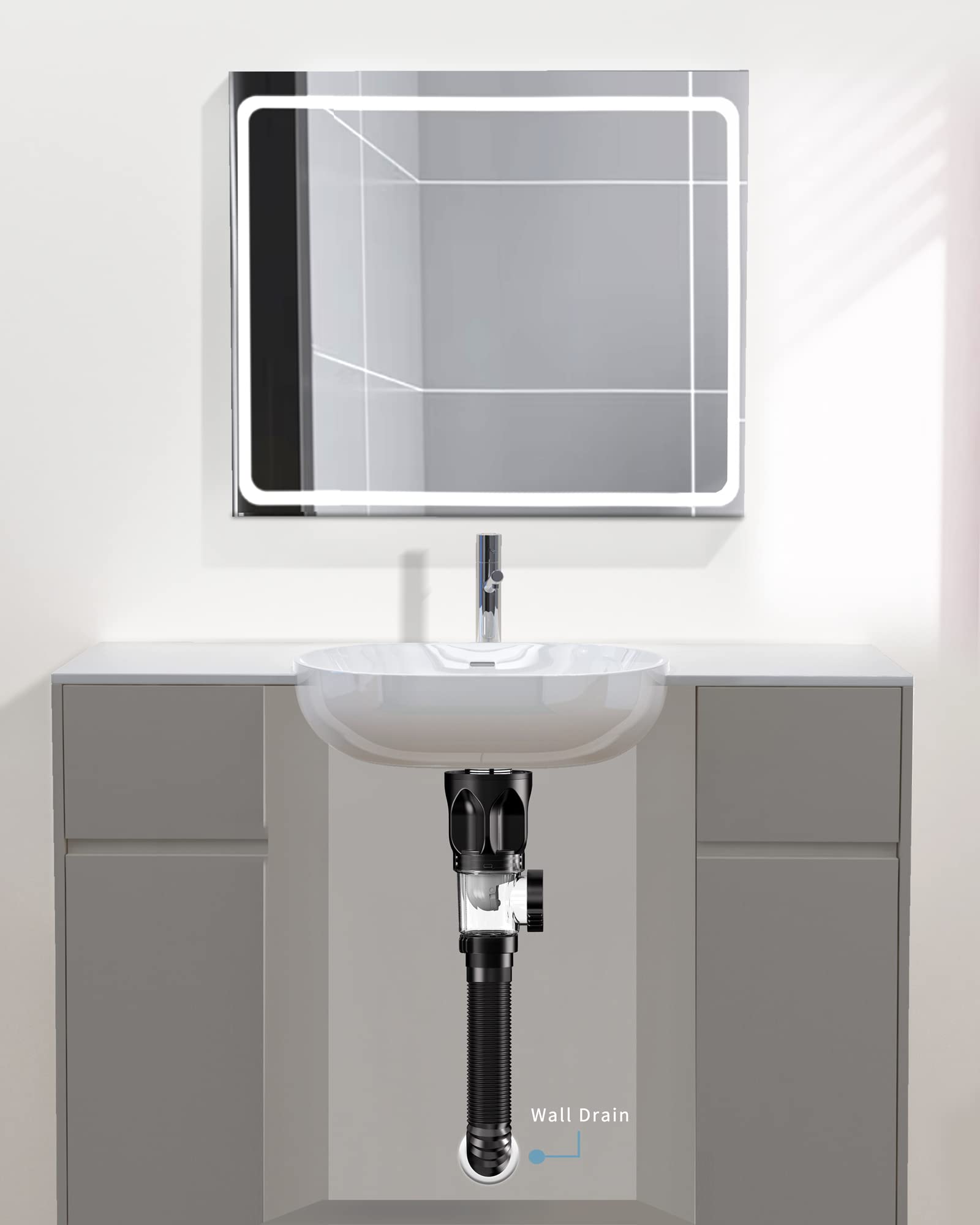 KKDFTU® 2 in 1 Bathroom Sink Drain Kit with Flexible & Expandable P-Trap, Suitable for 1-1/2'' Drain Hole, Pop Up Drain with Built-in Anti-Clogging Stopper Fits Overflow or No Overflow Vessel Sink