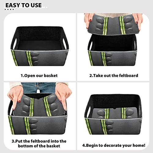 Poeticcity Black Zen Basalt Stones with Dew Green Bamboo on Dark 2 PCs Collapsible Felt Cloth Storage Box, Rectangular Desk Organizer Basket Bin, Detachable Laundry Hamper Counter Holder Box