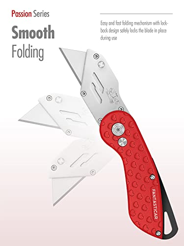 FantastiCAR Folding Utility Knife Cute Box Cutter, Chic Hearts Pattern on Metal Body, with 5 Extra Blades (Red)