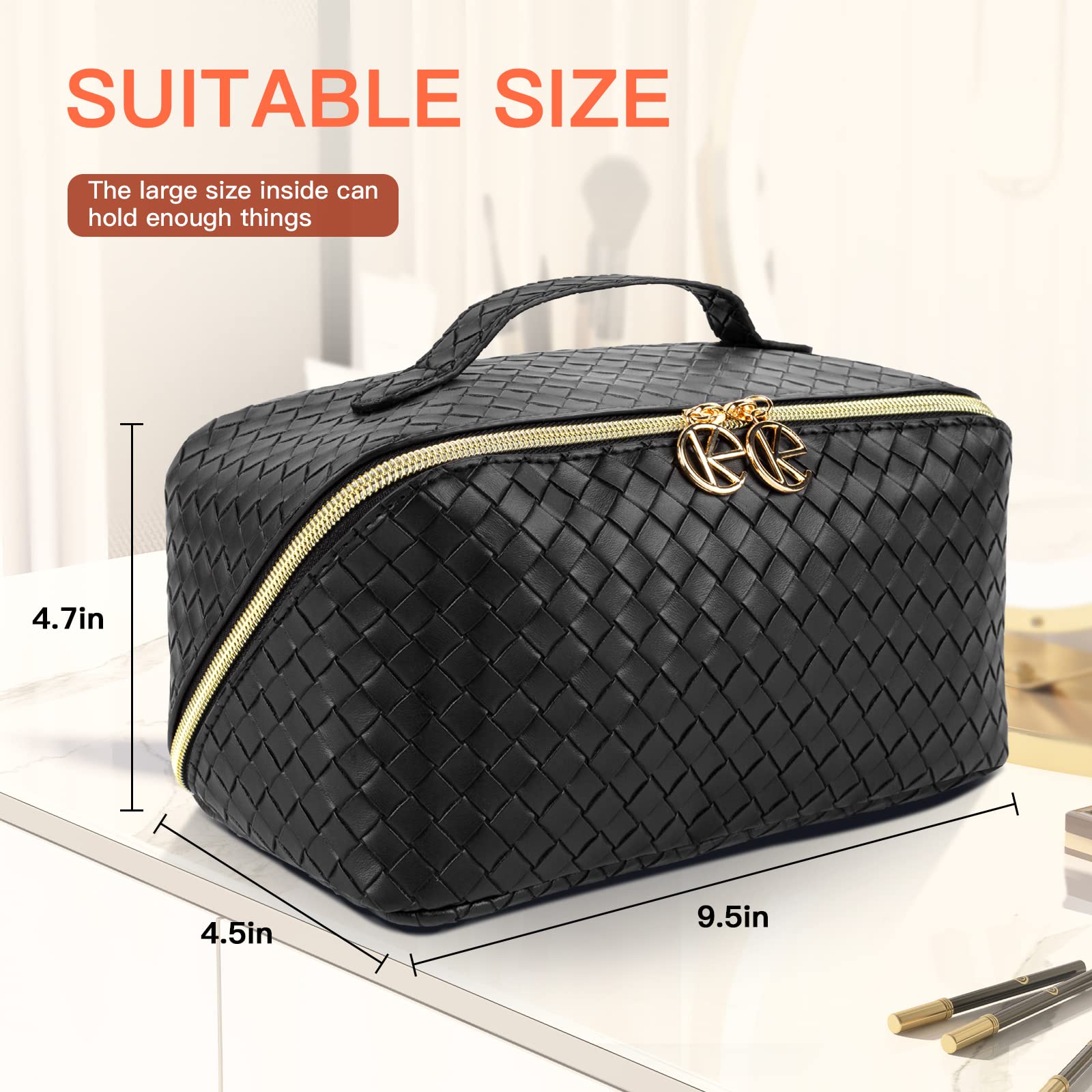 KekeInt'l Cosmetic Bags Portable Makeup Bag Opens Flat for Easy Access,Multifunctional Storage Makeup Bag for Woman (black)