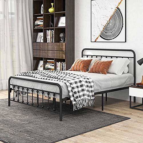 FANYHOME Queen Size Classic Metal Platform Bed Frame Mattress Foundation with Victorian Style Iron-Art Headboard/Footboard/Under Bed Storage/No Box Spring Needed/Black