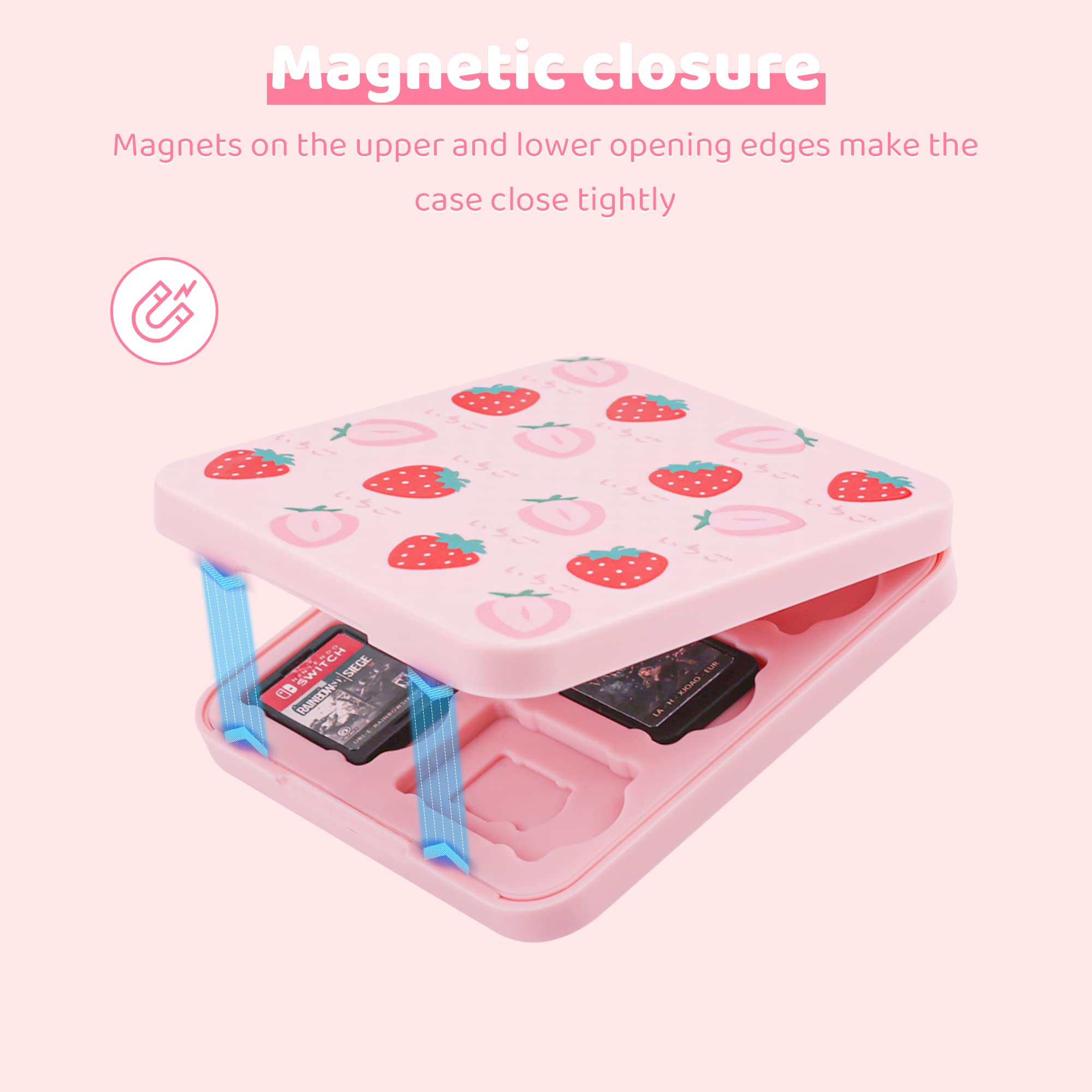 FUNDIARY Pink Strawberry Card Case for Nintendo Switch and Switch OLED Games, Cute Magnetic Card Cartridge for 12 Game Card and 12 SD Card, Hard Storage Case with 12 Game Card Slots