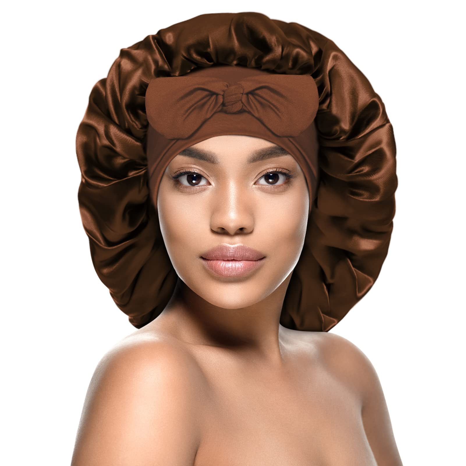 Kenllas Satin Silk Bonnet for Women - Large Sleep Cap with Tie Band for Curly Dreadlock Braid Hair Care (Black1)