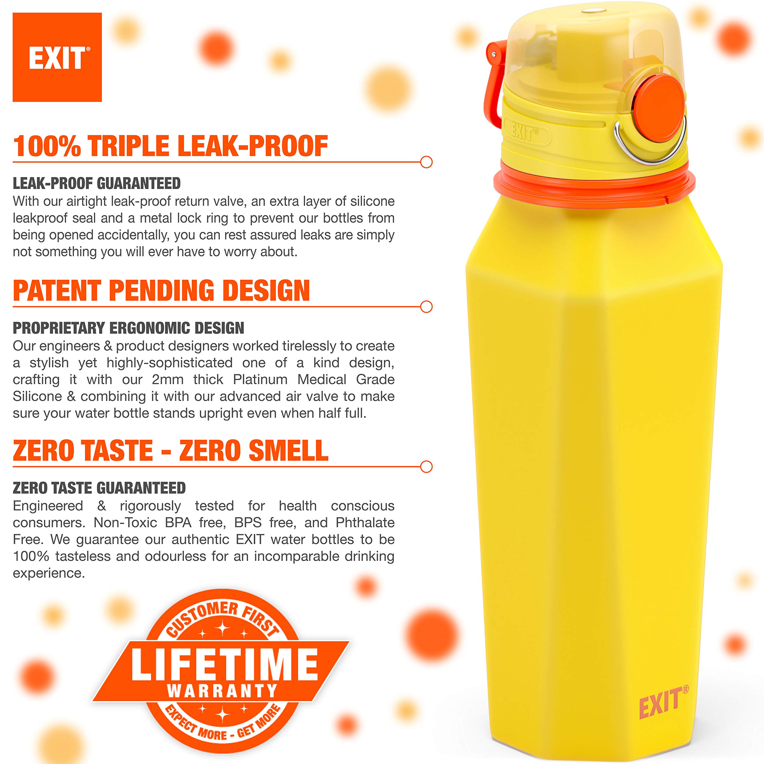 EXIT Collapsible Water Bottle - Foldable Water Bottle for Travel - BPA Free - Premium Medical Grade Silicone - Triple Leak Proof - Lightweight - 26 oz (Mellow Yellow)