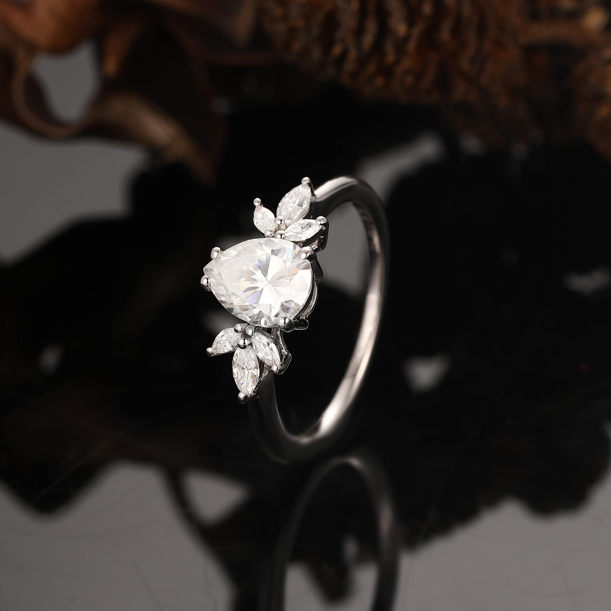 Frayerr Marquise Moissanite Cluster Ring - Gift Ring For Wife - Pear Cut 6x8mm GH VVS1 Moissanite Engagement Ring - 925 Sterling Silver Prong Set Women Ring - Anniversary Ring (6.5)