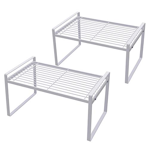 Shantton 2 Pack Kitchen Cabinet Shelf Counter Organizer Rack Pantry Storage Bathroom Bedroom Office Table Desk Space Saving Steel Frame Stackable Rust Resistant Non Slip White