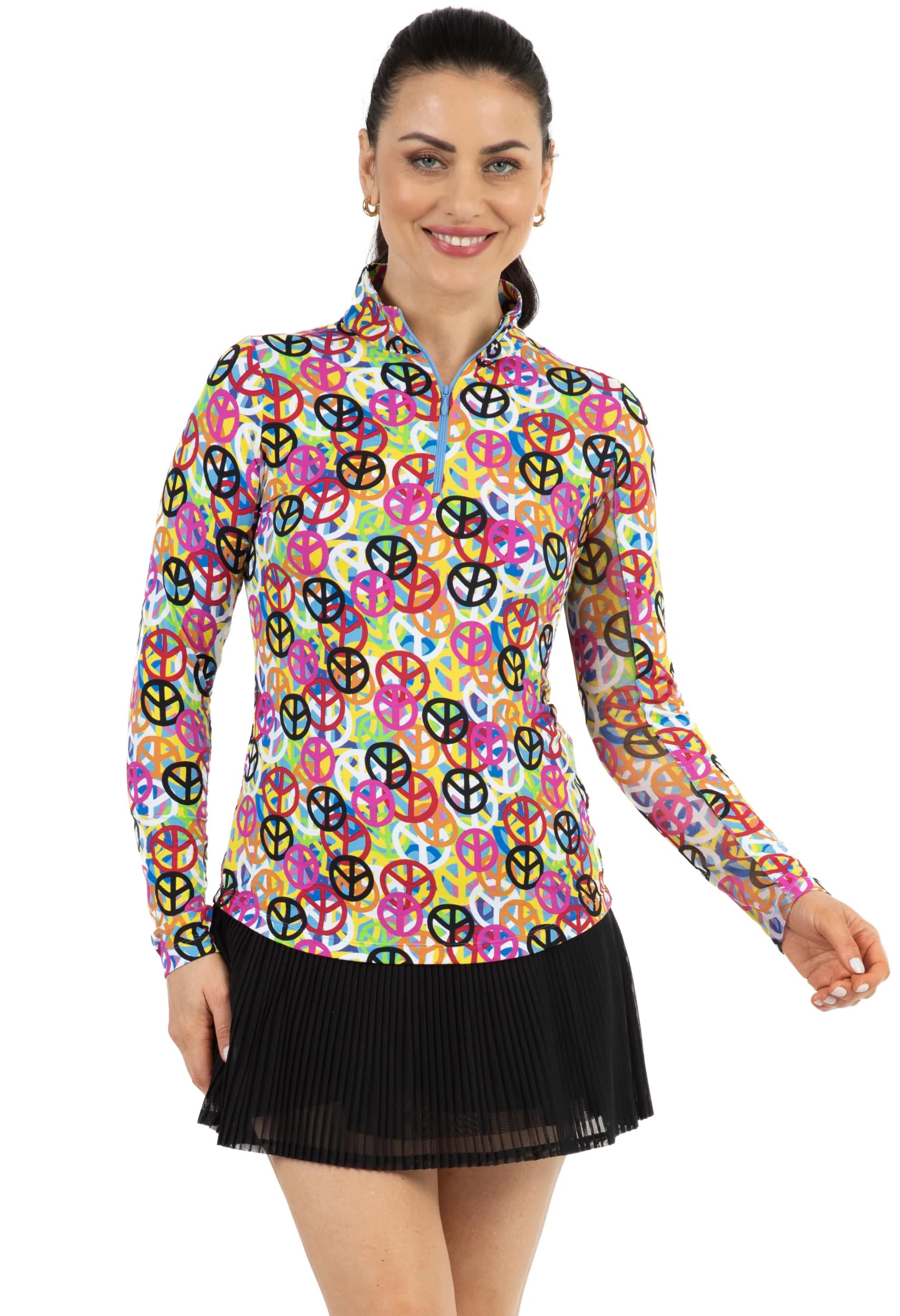 IBKUL Athleisure Wear Sun Protective UPF 50+ Icefil Cooling Tech Lennox Print Long Sleeve Mock Neck Top – 10381 Peri Multi Lennox S
