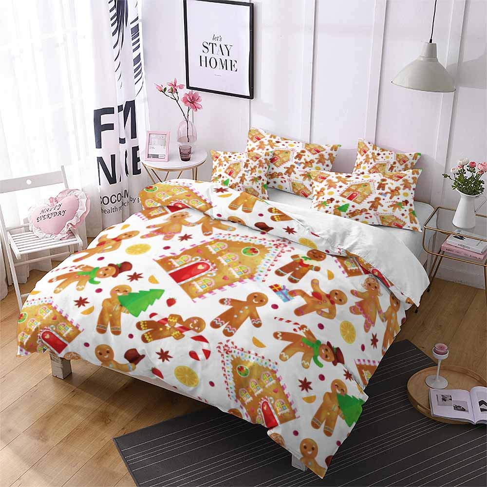 REALIN Cartoon Christmas Tree Duvet Cover Set Gingerbread Man Bedding Merry Christmas Bed Sets 2/3/4PCS Quilt Covers/Sheets/Pillow Shams,Twin/Full/Queen/King (A,Twin-172x218cm-3PCS)