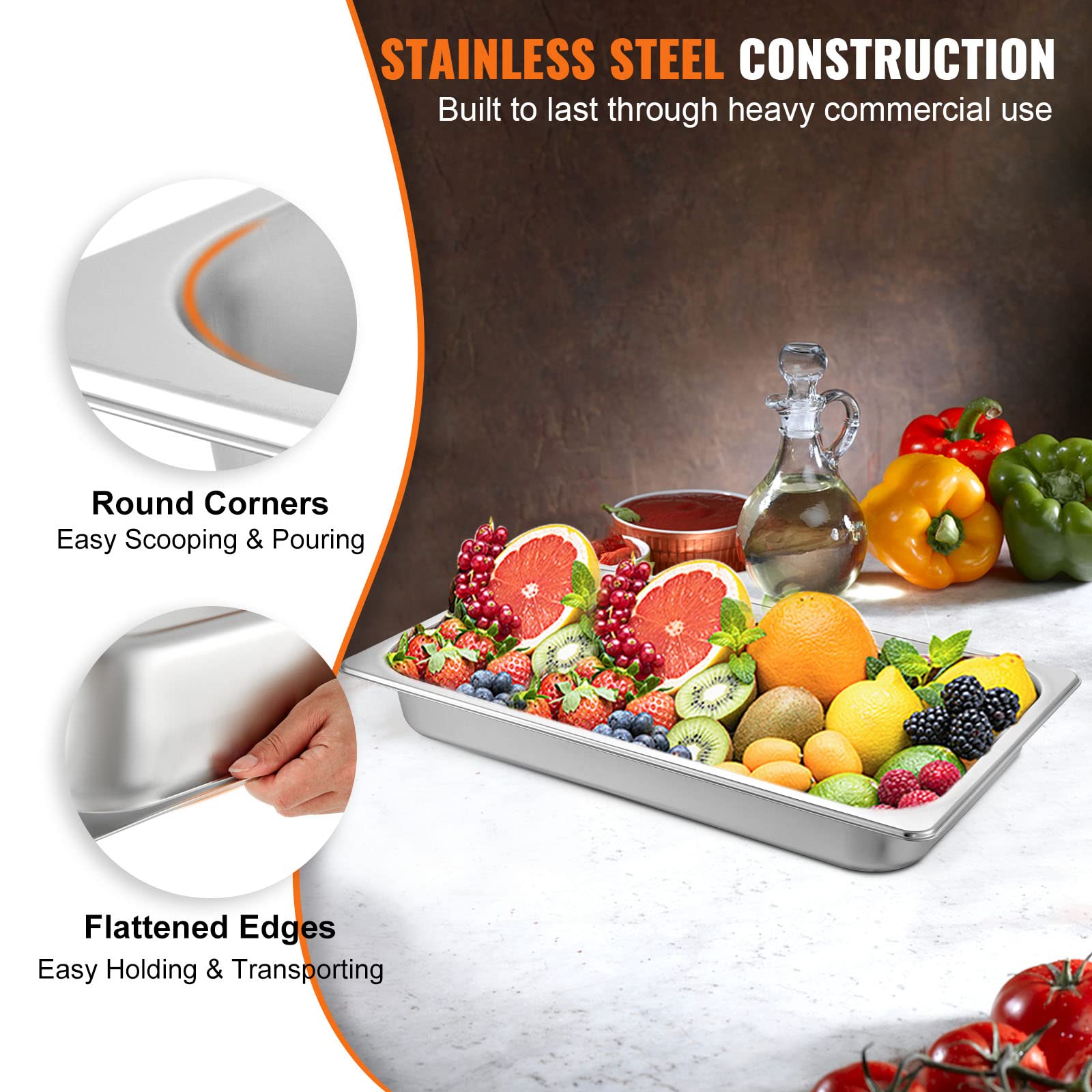 Mophorn Hotel Pans Full Size 2.5 Inch Deep, Steam Table Pans 6 Pack, 22 Gauge/0.8mm Thick Stainless Steel Hotel Pan Anti Jam Steam Table Pan