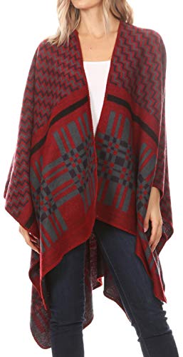 Sakkas 1928 - Lupe Womens Reversible Poncho Wrap Cape Shawl Sweater Coat Cardigan Pattern - Zigzag Burgundy - OS