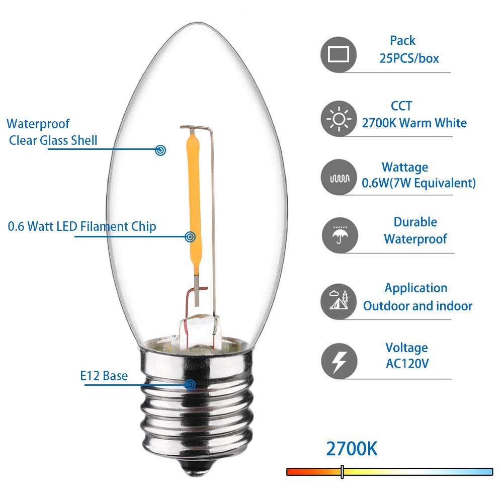 iSoptox 25 Pack Waterproof Clear E12 C7 LED Bulb Outdoor, Candle Mini LED Night Light Bulb 4w 5w 6w 7w 15w Equivalent, Candelabra C7 LED Replacement Bulbs Christmas Light 0.6W 120v Warm White 2700K