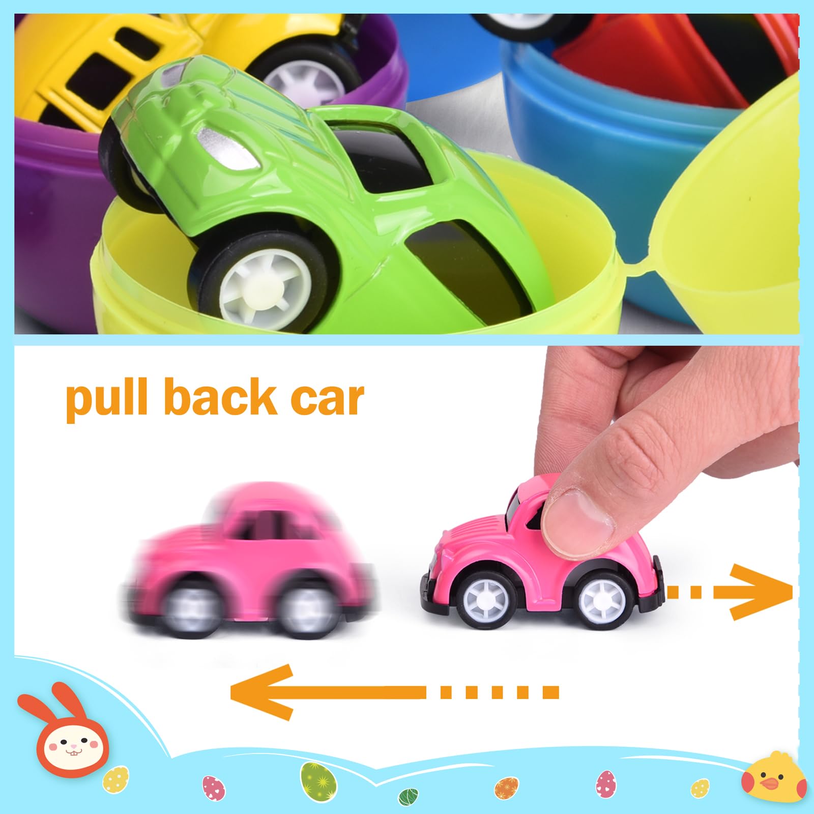FUN LITTLE TOYS 12 PCs Easter Eggs Prefilled with Pull Back Cars for Kids, Toy Vehicles Easter Party Favors Easter Basket Stuffers, Easter Egg with Toys Inside for Fillers Egg Hunt Classroom Prizes