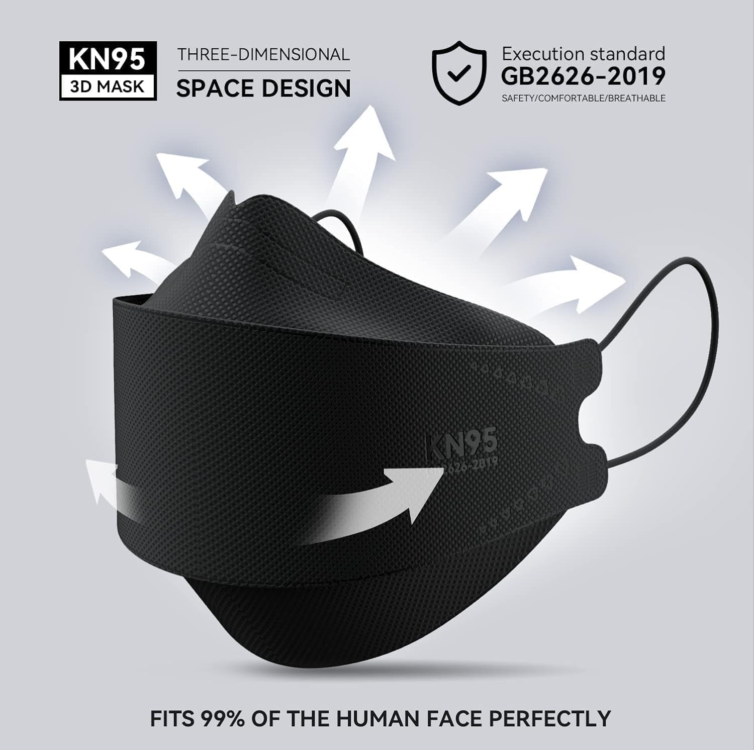 JUSTXO KN95 Face Masks 50 Pack, Breathable Comfortable Disposable Face Mask For Adults And Teens, Black