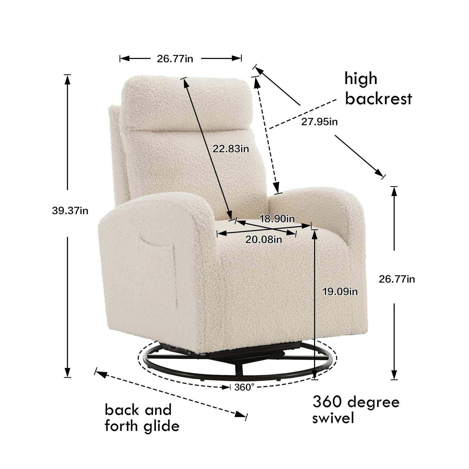 LUCKHAO Swivel Rocking Chair,Nursery Swivel Glide Armchair Teddy Fabric Upholstered Modern Rocking Chairs with High Backrest for Nursery, Bedroom, Living Room(White Teddy