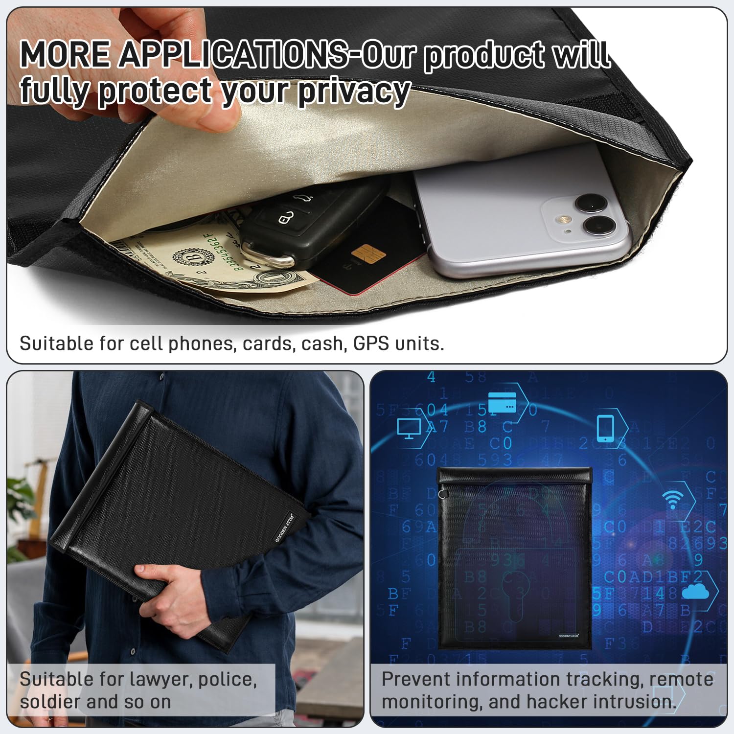 Faraday Bag for Phones, RFID Signal Blocking Bag Faraday Cage, Signal Jammer for Privacy Protection, Anti-Tracking, Fireproof & Waterproof Faraday Pouch (Black., 1 Pack)
