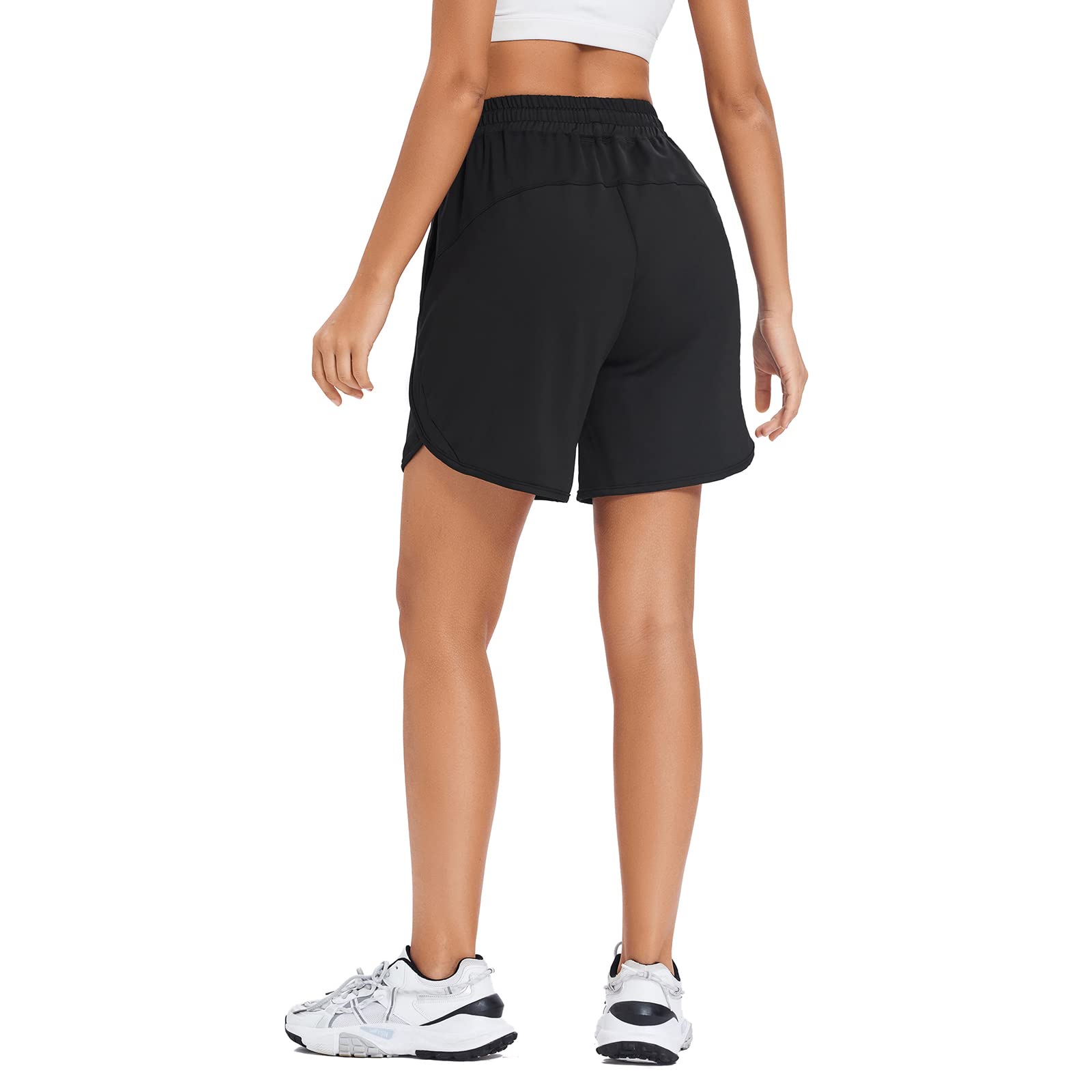 FREE DUCK Women's 7" Running Shorts Quick Dry Summer Drawstring Athletic Shorts for Women with Pockets Workout Hiking Travel Golf Active (Medium, Black)