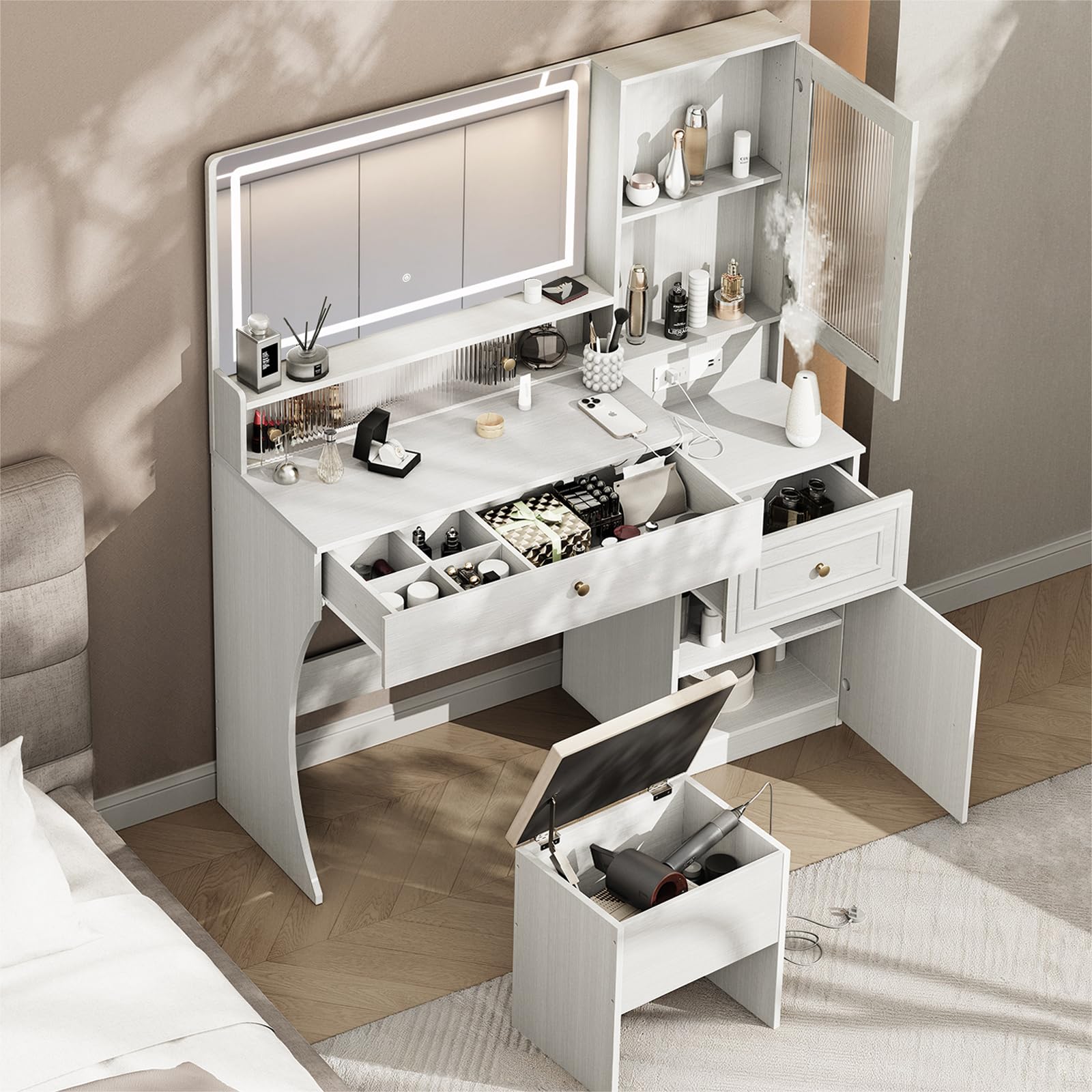 Large Vanity Desk with Mirror and Light, Vanity Table and Cushioned Stool Set, Makeup Vanity Table Makeup Desk with Charging Station, Storage Stool, Bedroom Dressing Table with Drawer and Cabinet