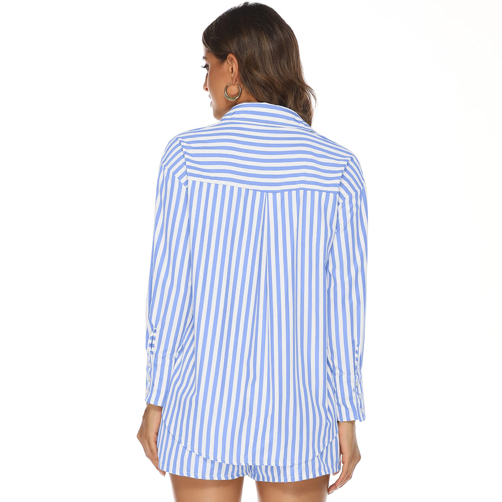 ISZPLUSH Women’s 2 Piece Casual Sets Outfits Sets Relaxed Long Sleeve Shirt Loose High Waisted Side Pocket Shorts Set