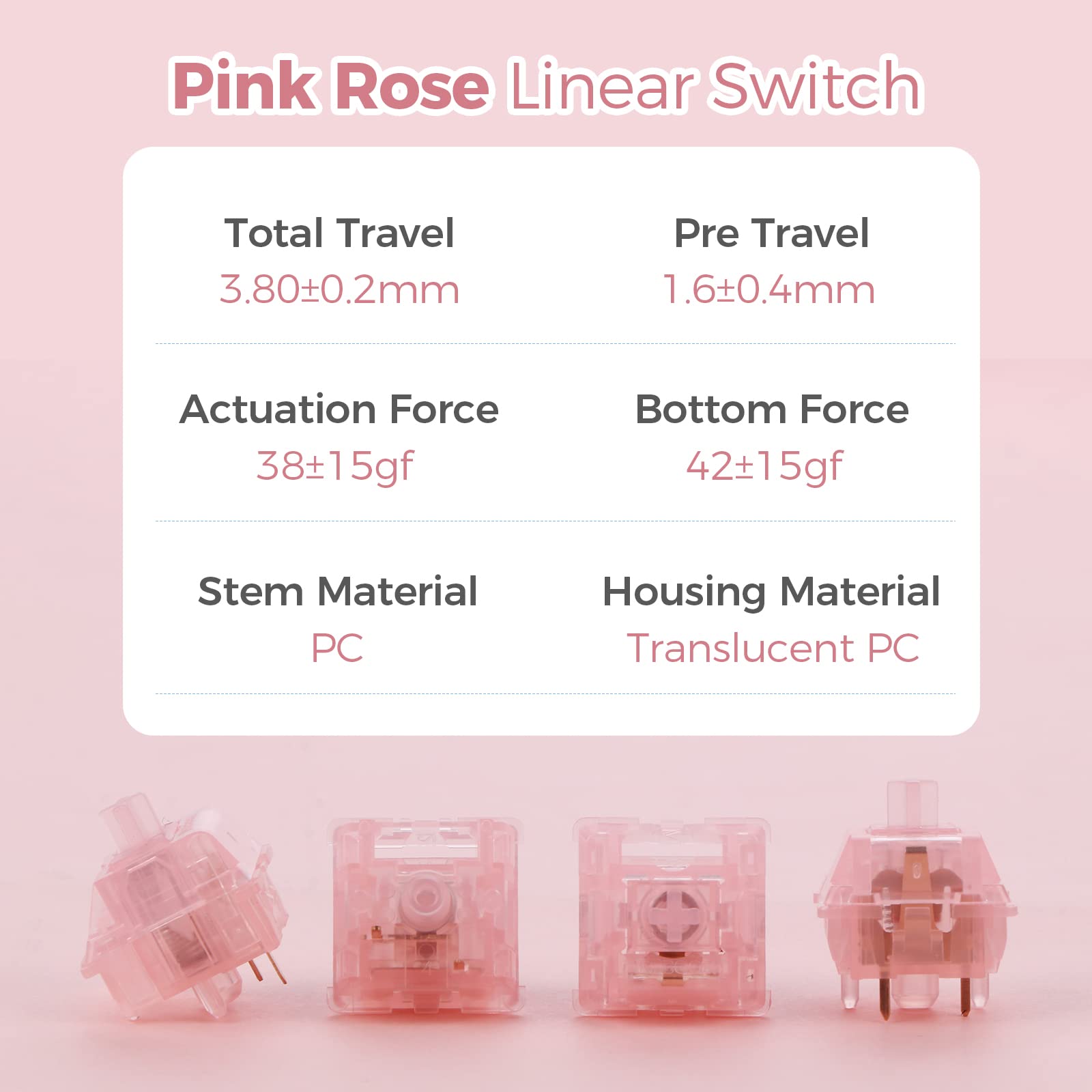 KiiBoom Linear 38gf Pink Rose Mechanical Keyboard Switch, 5 Pin Keyboard Switch with PC Stem, Translucent PC Housing, 35 Pieces for Gaming DIY Keyboard