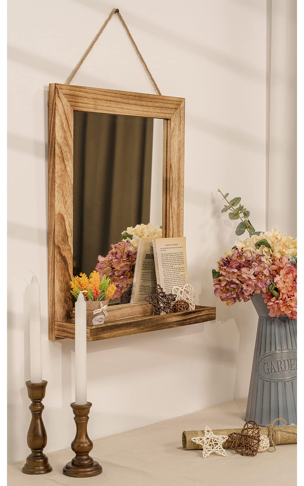 Emfogo Wall Mirror with Shelf, 20 x 16 inch Farmhouse Decor Wall Mirror Hanging for Bathroom, Vanity, Bedroom, Entryway, Living Room (Rustic Brown)