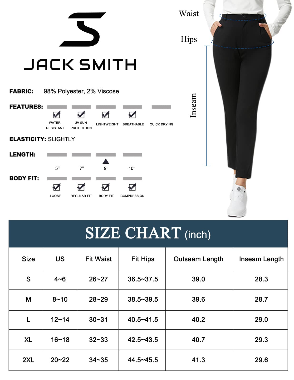 JACK SMITH Women Stretch Golf Pants Golf Outfits Clothes with Pockets Zip Dress Pants Quick Dry (Black #Slightly Thick Fabric M)