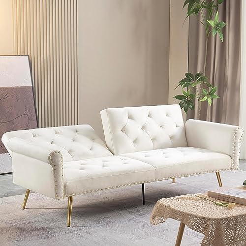 ERYE Beige Velvet with 2 Pillows 5 Legs Nailhead Decor