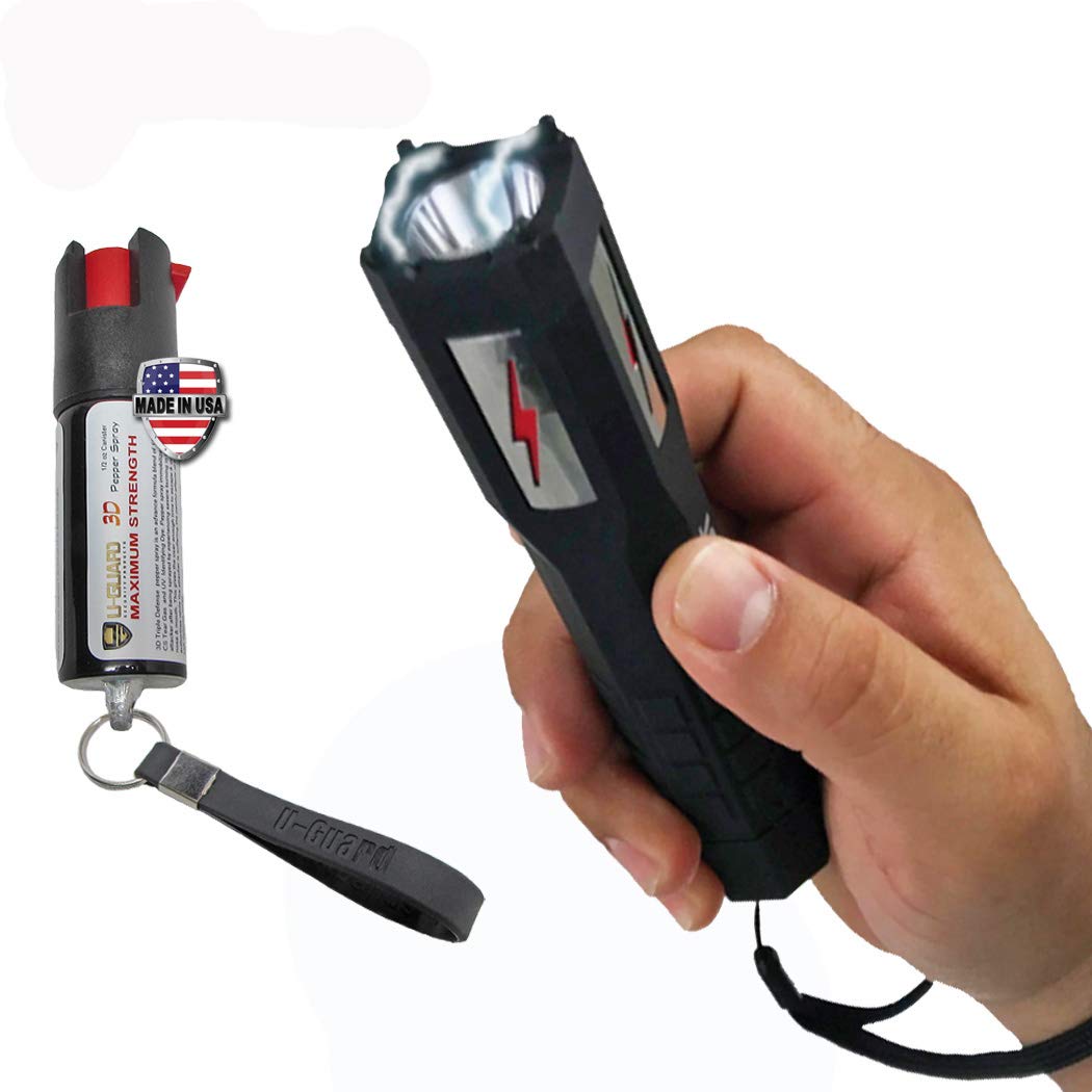 Flashlight Stun Gun Hot Pepper Spray Self Defense Weapons Set High Volt Rechargeable Mini Police Sun Gun Combo With Cree LED Bulb. Best OC Pepper Spray Self-Defense Keychain Security For Women Or Men.
