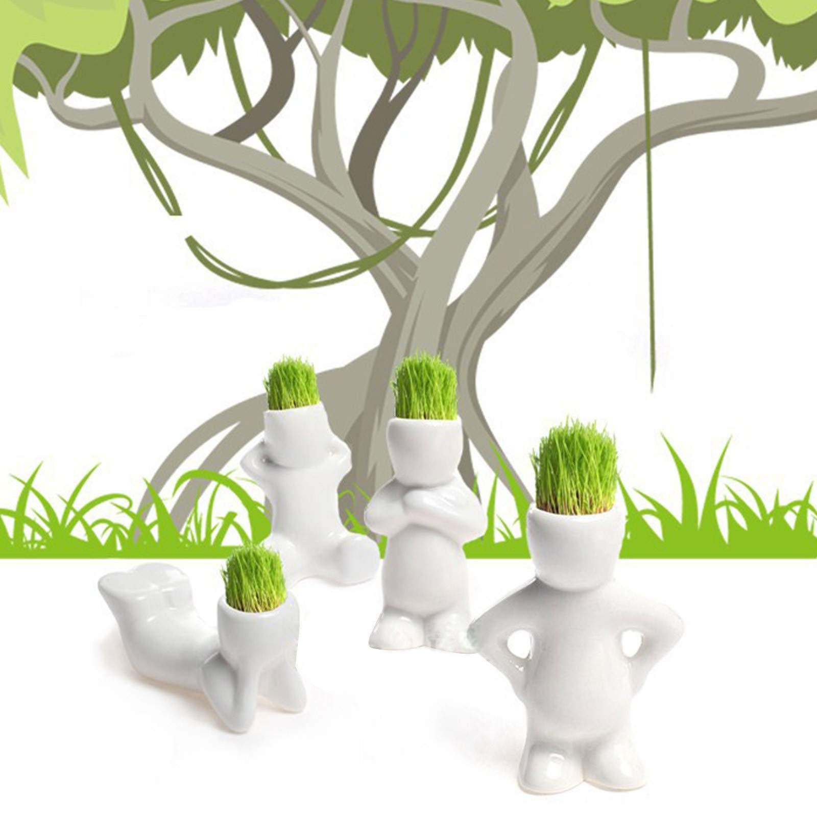 Lincox Mini Bonsai Head Grass Doll Hair White Ceramic Plant Garden, Tree Doll Grass Pot, Ceramic Air Head People Planters Air Plant Holders Table Top Display Planters for Mini Plants Garden Decor (C)