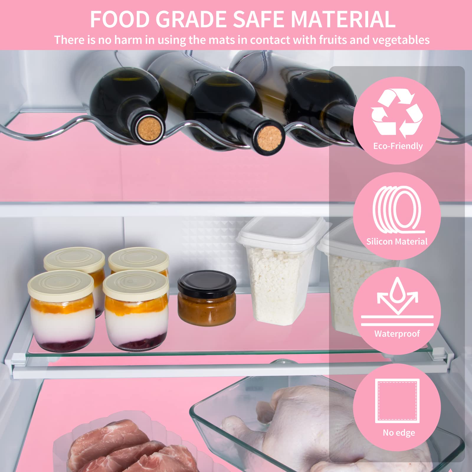 Ganwawo 4Pcs Refrigerator Liners,Washable Silicone Refrigerator Mat,Placemats for Dining Table,Suitable for Drawer/Cabinet Shelf Mat/Dinner Mat, Can Cut Refrigerator mat (Pink)