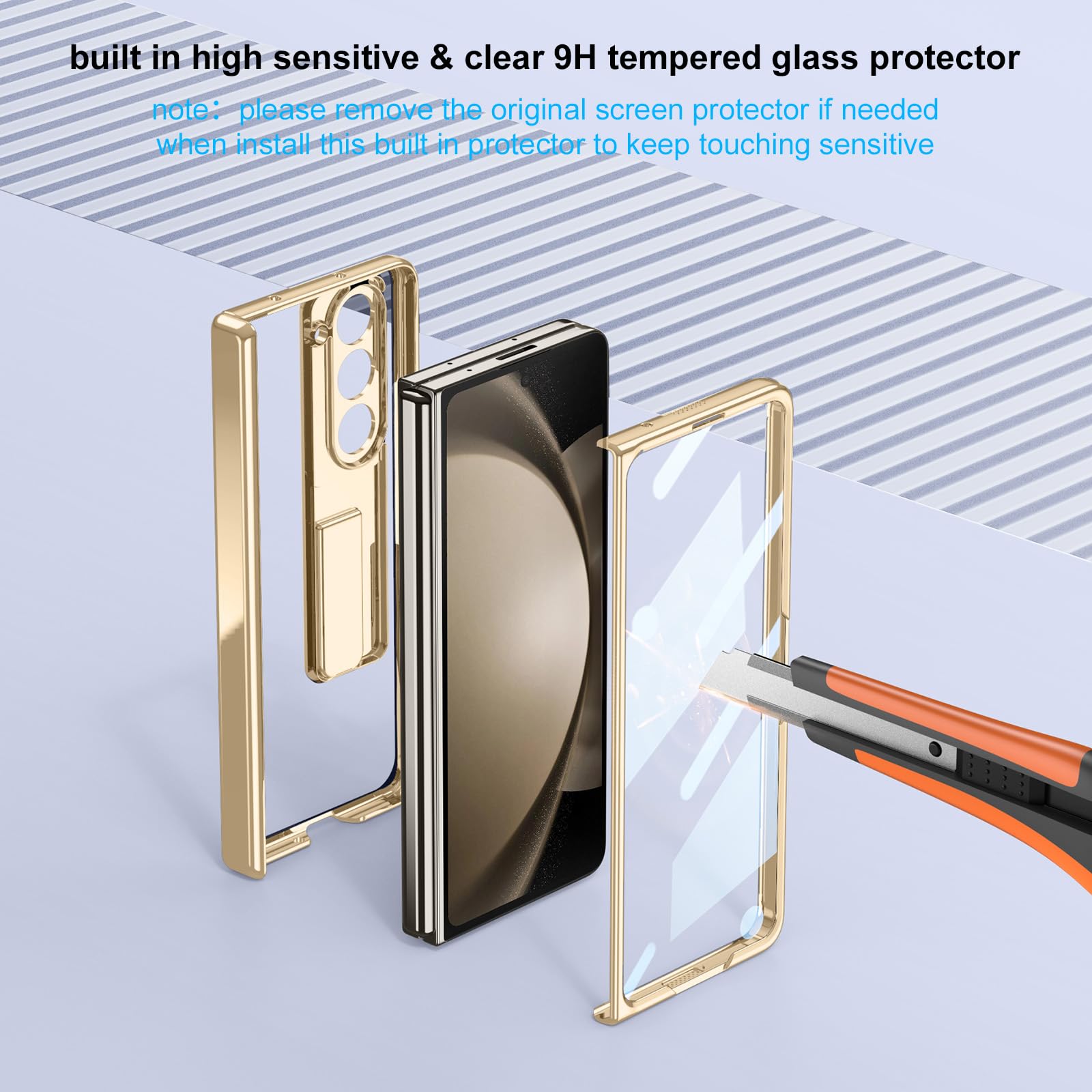 Libeagle Compatible with Samsung Galaxy Z Fold 5 Case, Non-Yellow Clear Back, Electroplated Frame, Full Hinge Protection, Screen Protector, Magnetic Stand, Thin and Slim Phone Cover 5G 2023, Gold