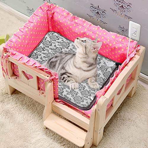 Pet Heating Pad, Cat Electric Heating Mat Waterproof, Pets Heated Bed Adjustable Dog Bed Warmer Electric Heating Mat with Chew Resistant Steel Cord (17.7x17.7, Flower)