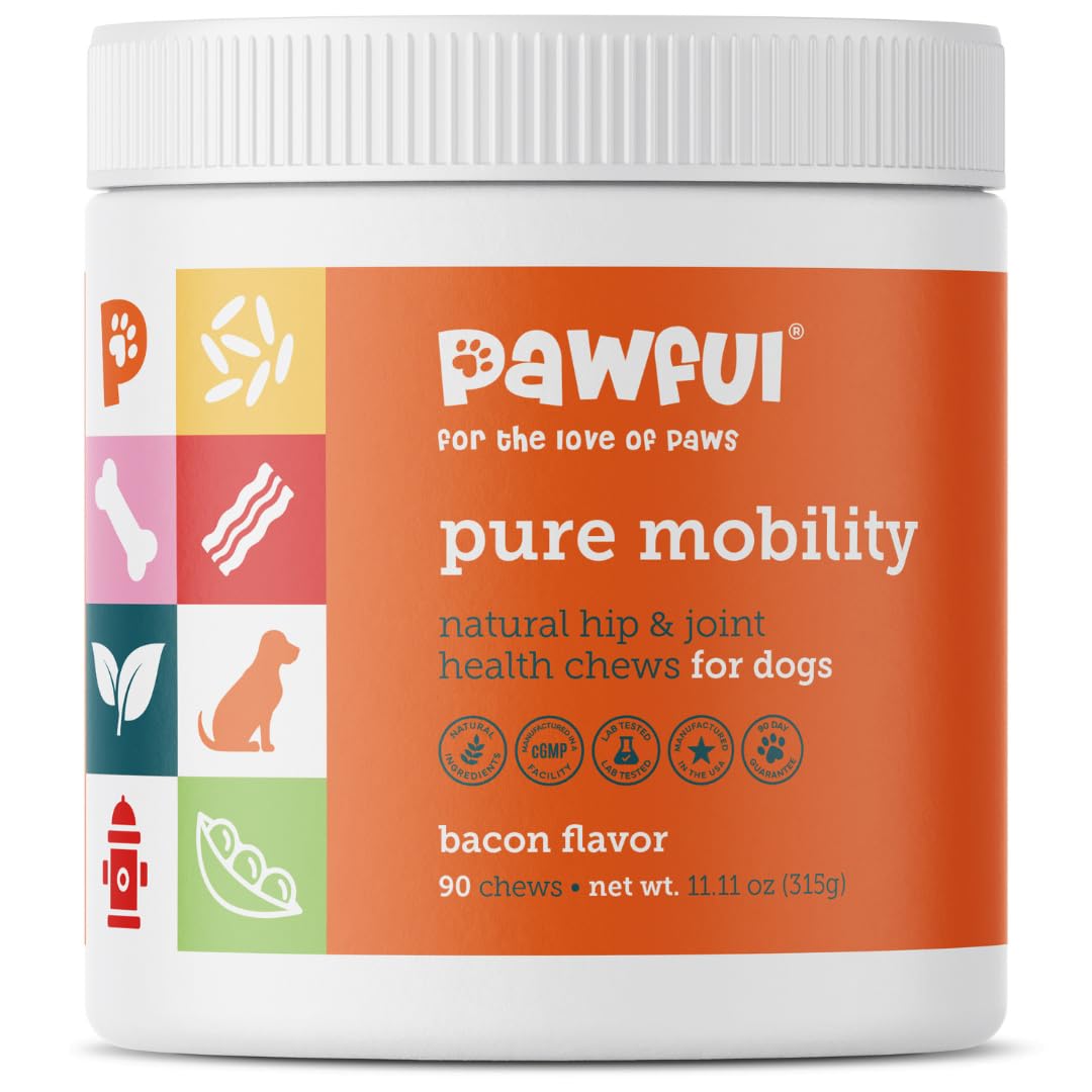 Pawful Pure Mobility - Natural Hip & Joint Dog Chews - Mobility & Joint Health Dog Supplement - Improve Flexibility, Motion & Activity - Tasty Bacon Flavor - USA Made (90 Chews)