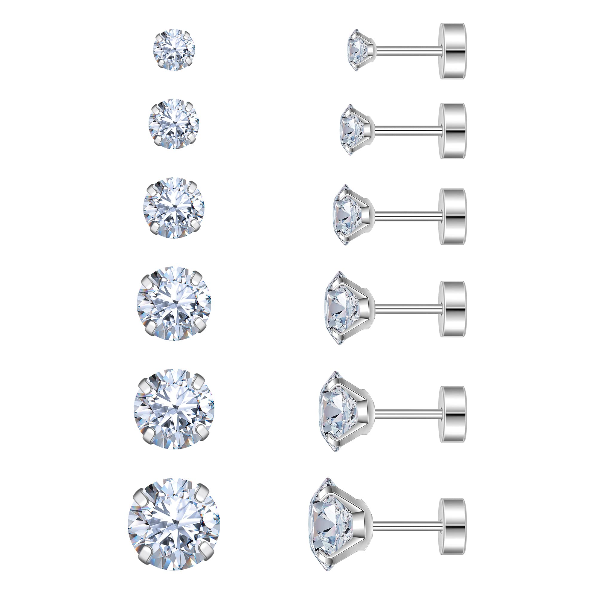 Flat Back Stud Earrings for Women Cartilage Earrings Hypoallergenic Earrings Surgical Steel Earrings CZ Earrings Studs 6 Pairs 18G